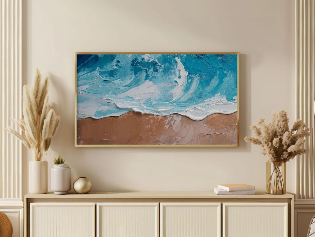 Modern Coastal Beachy Wall Art for Frame TV, Abstract Beach Surf ...