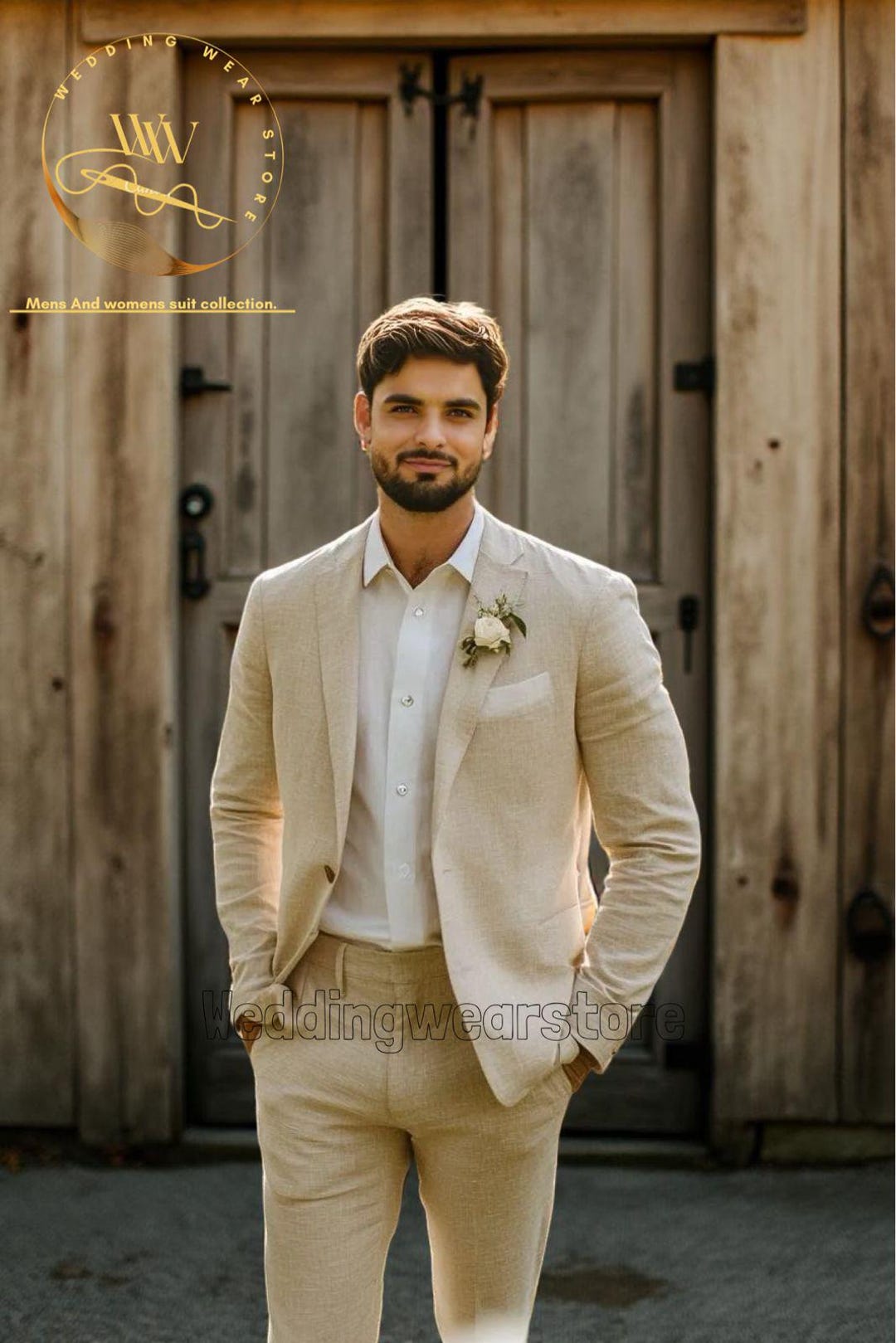 Men's Beige Linen 2 Piece Suit: Bespoke Attire Wedding Suit Groom's ...