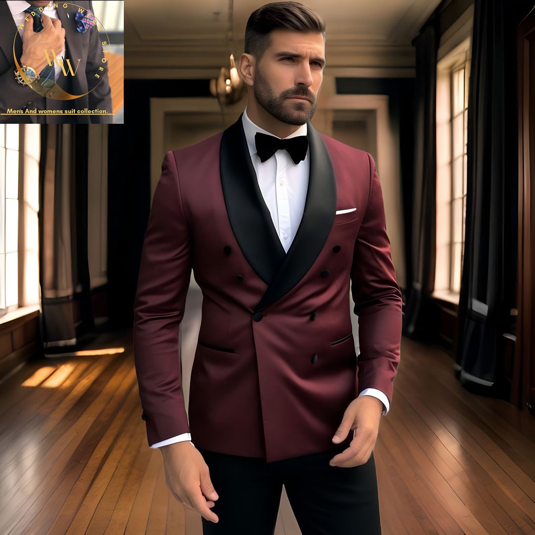 Men's Maroon Double Breasted Tuxedo 2 Piece Suit: Six Button Groom ...
