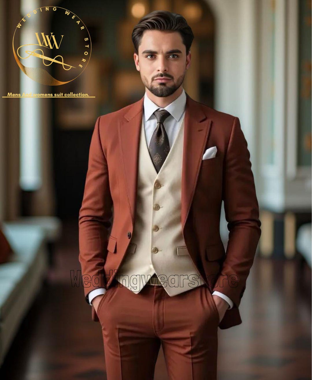 Men's Rust Orange 3 Piece Suit: Luxury Wedding and Groom Attire Bespoke ...