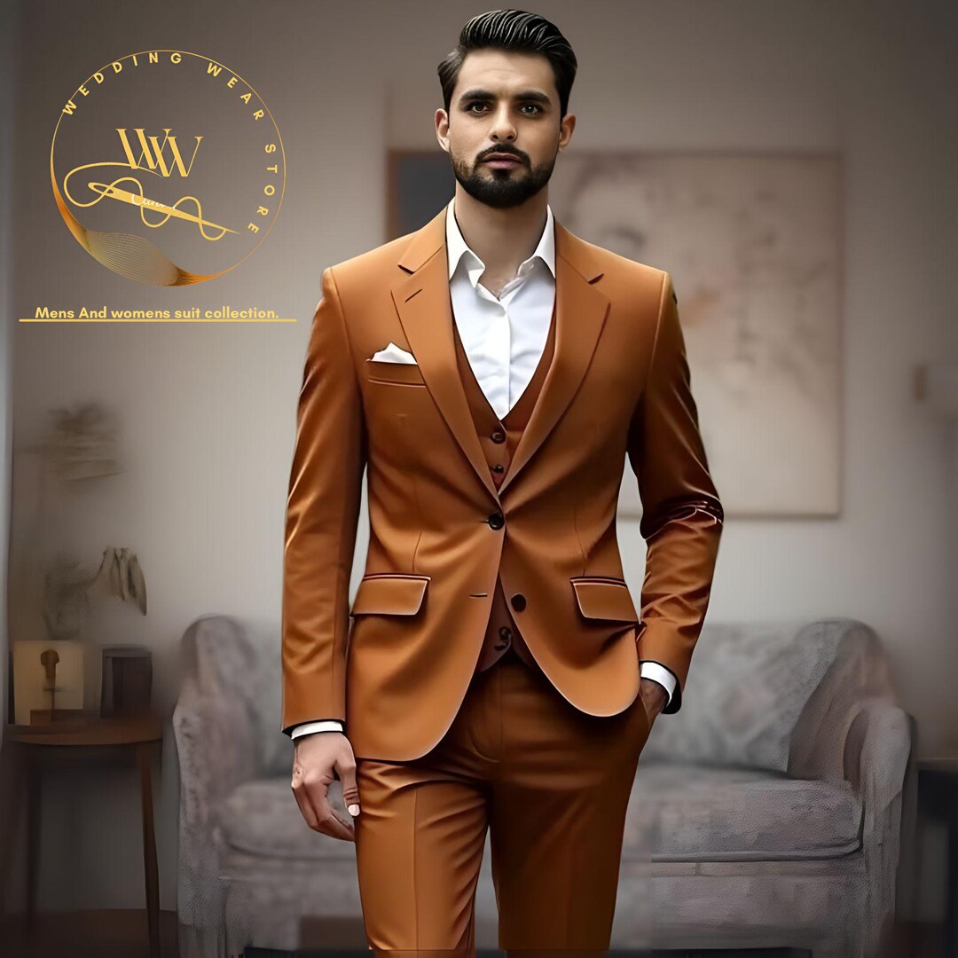 Men's Rust Orange 3 Piece Suit: 3-piece Wedding Groom Attire Bespoke ...