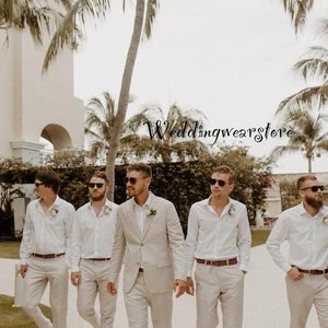 Men's Cream Linen 2 Piece Suit Wedding Suit. Groom and Groomsmen Attire ...