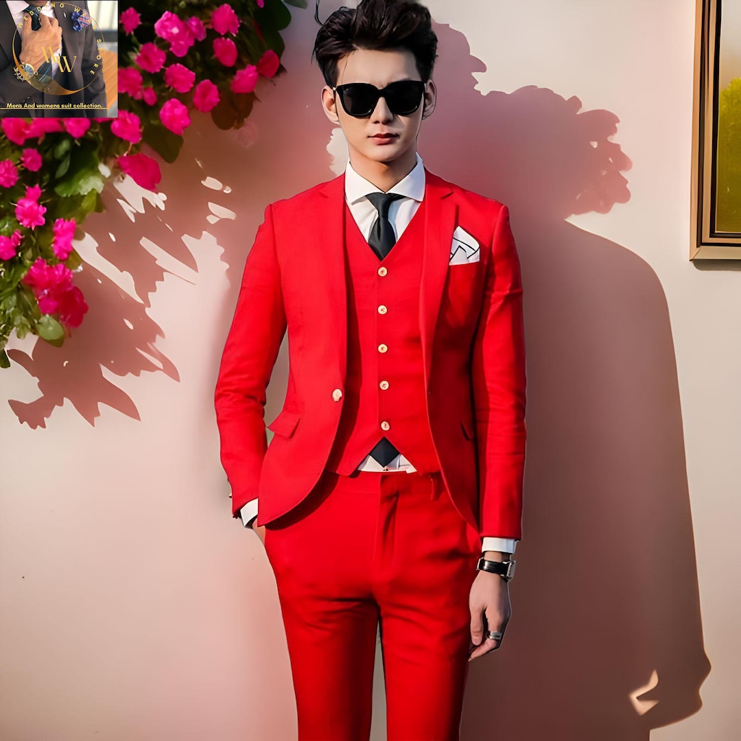 Men's Three Piece Suit, Party Wear Red Suit,wedding Wear, Groom Stylish ...