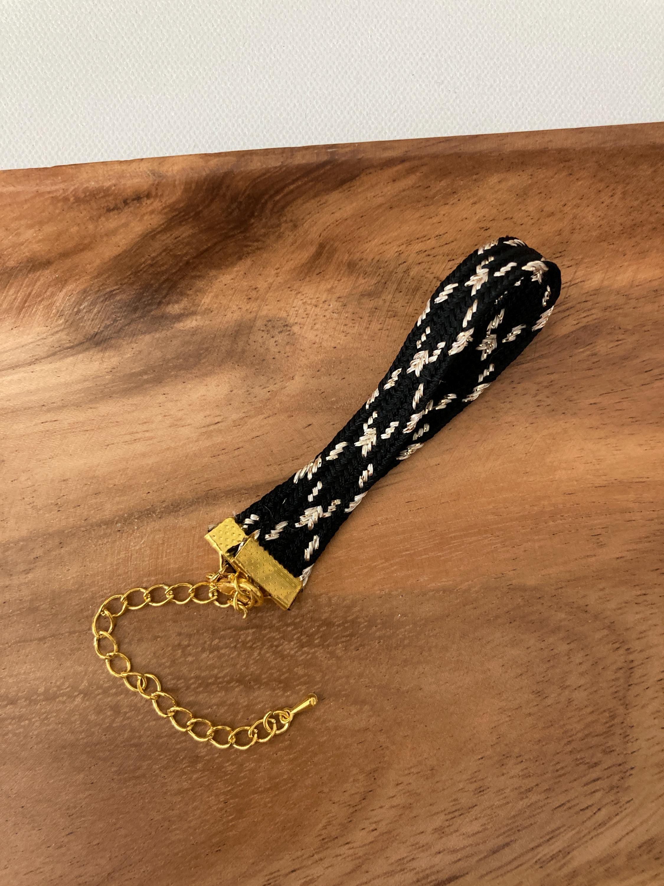 Japanese Sanada Himo Bracelet Gold Plated Chain Adjustable Cotton Black ...