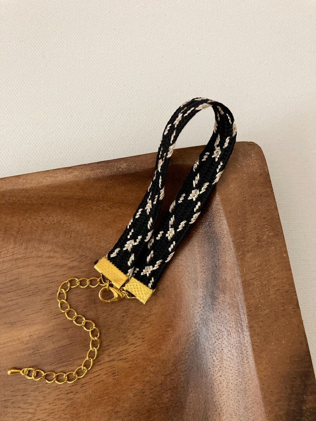 Japanese Sanada Himo Bracelet Gold Plated Chain Adjustable Cotton Black ...