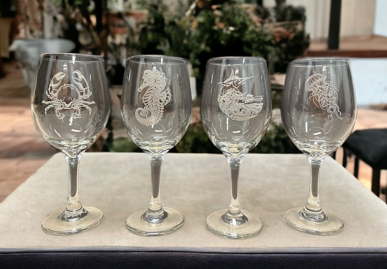 Etched Marine Life Wine Glasses: Coastal Beach House Glassware, Set of ...