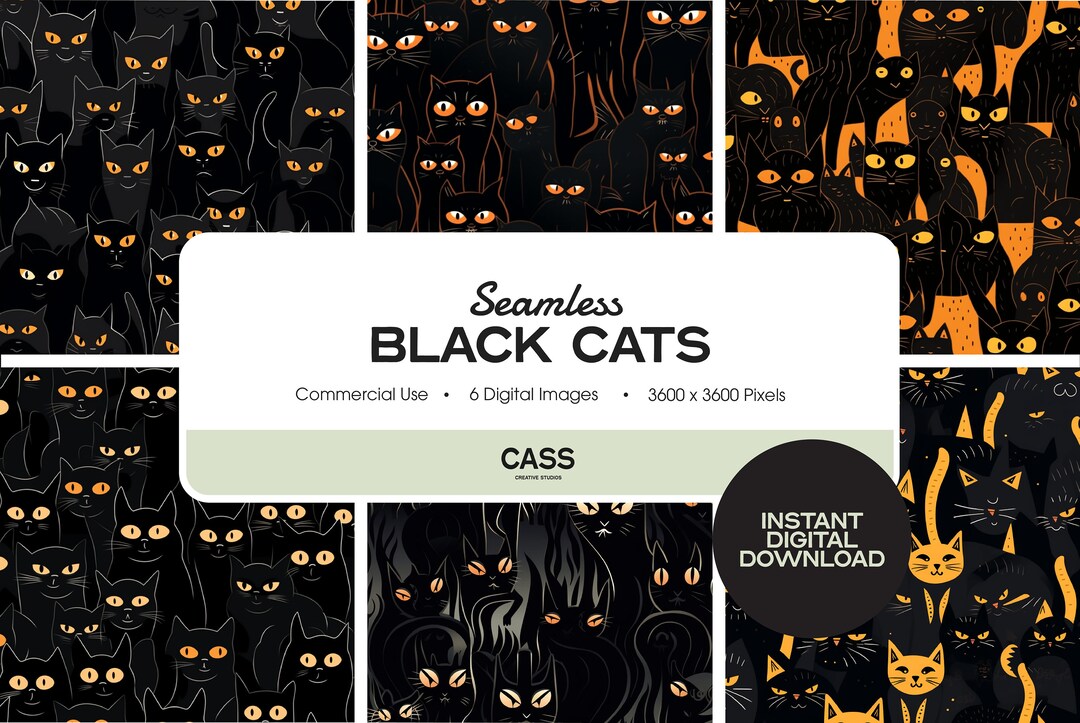 Black Cats Seamless Digital Papers, Halloween Pattern, Instant Download ...