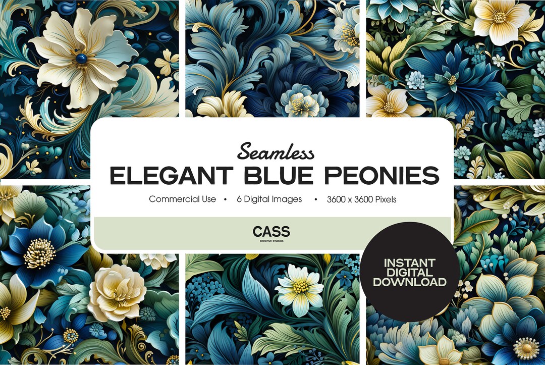 Elegant Blue Peonies Seamless Digital Papers, Floral Pattern, Instant ...