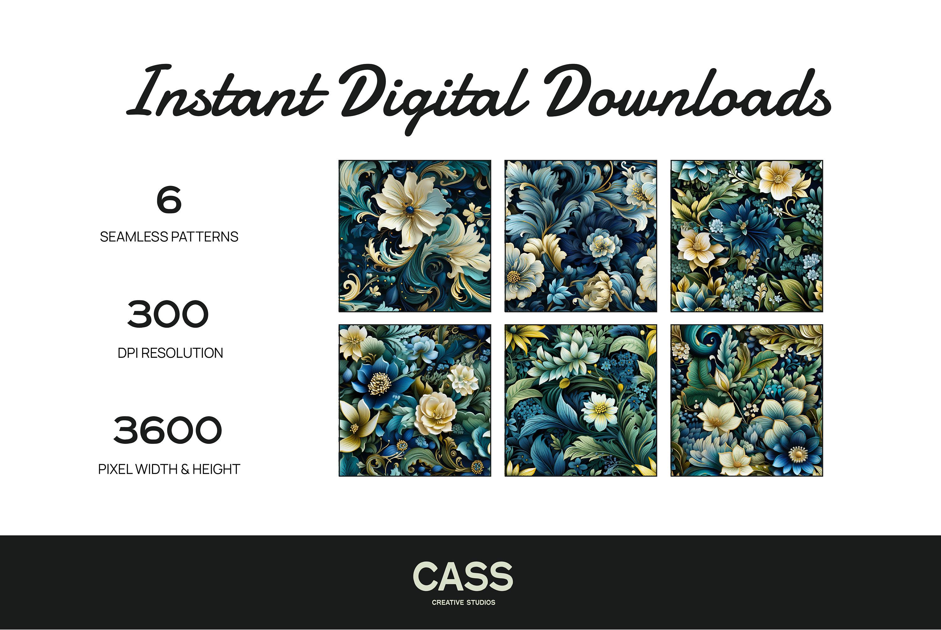Elegant Blue Peonies Seamless Digital Papers, Floral Pattern, Instant ...