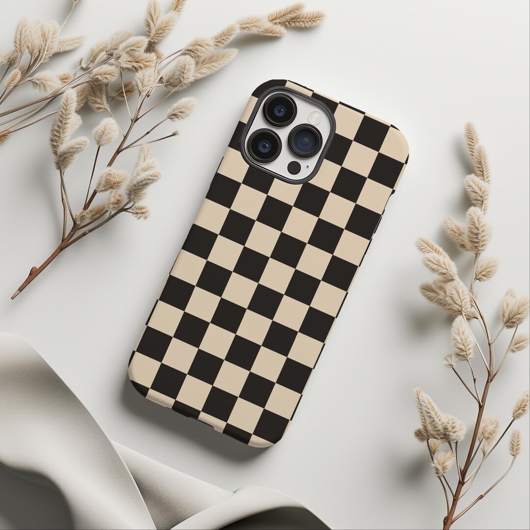 Black & off White Vintage Checkerboard Phone Case, Trendy Checkers ...