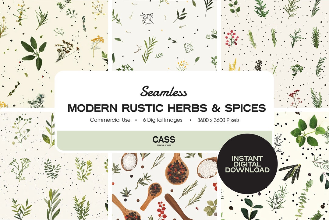 Modern Rustic Herbs & Spices Seamless Digital Paper, Culinary Pattern ...