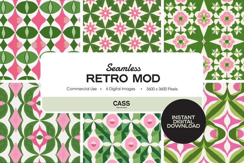 Retro Mod Seamless Digital Papers, Floral Pattern, Instant Download ...