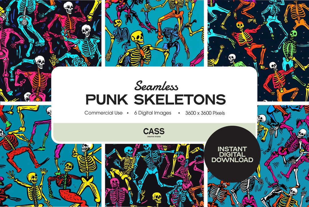 Punk Skeletons Seamless Digital Papers, Halloween Pattern, Instant ...