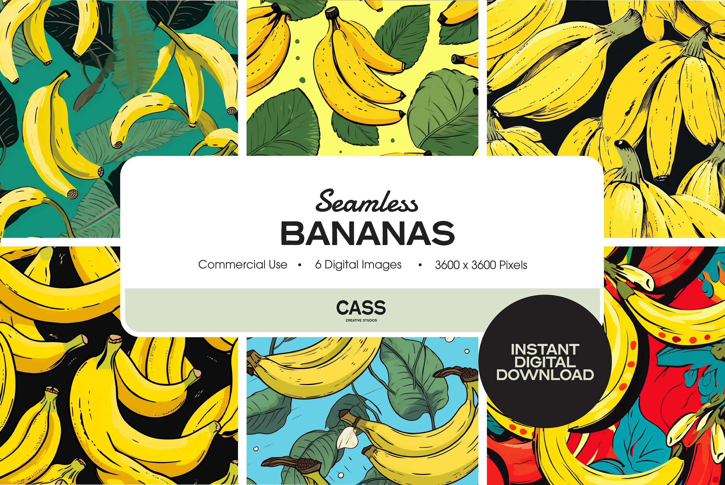 Cartoon Bananas Seamless Digital Papers, Fruit Pattern, Instant ...