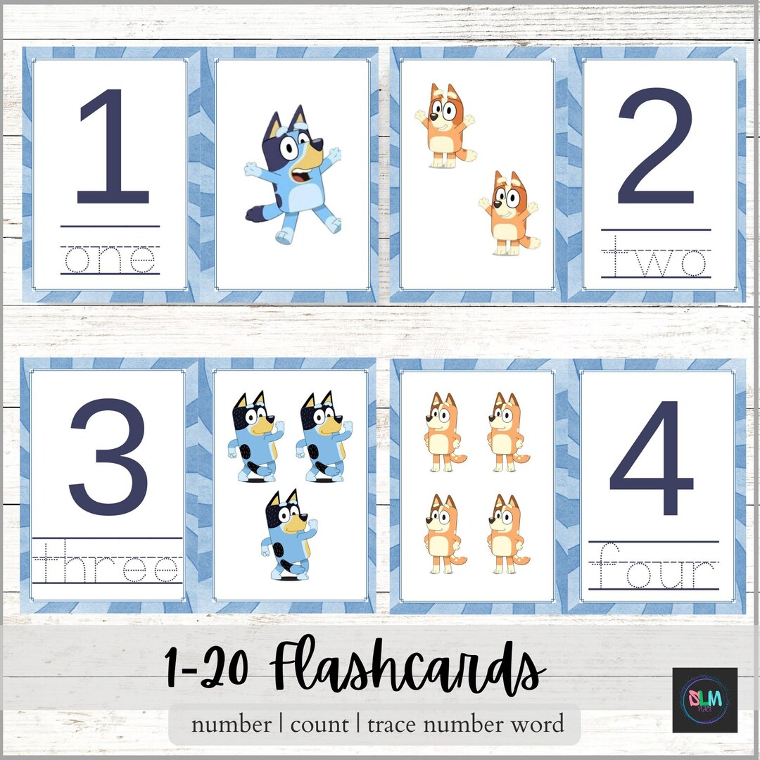 Printable Bluey Number Flashcards 1-20 1-20 Number Flashcard - Etsy