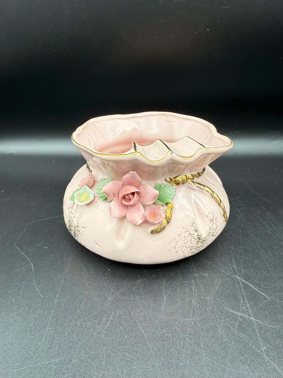 Pink Ashtray With Porcelain Flowers & Gold Trim - Vintage Capodimonte ...