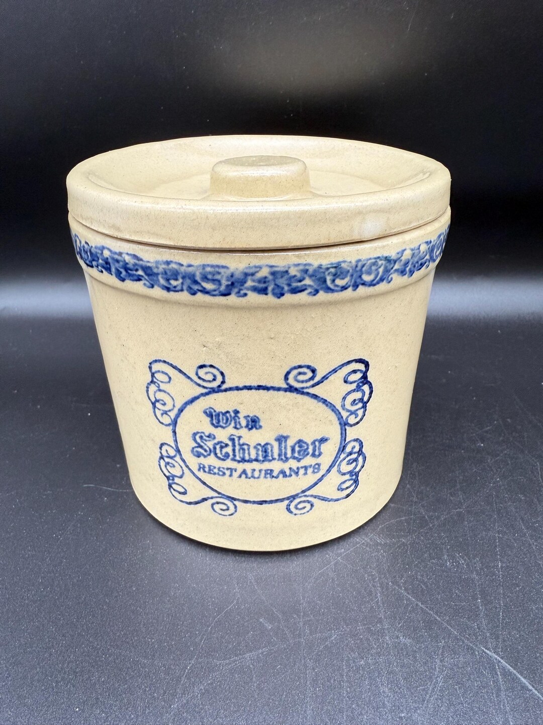 Vintage Win Schuler Restaurant Crock With Lid - Blue Trimmed Stoneware ...