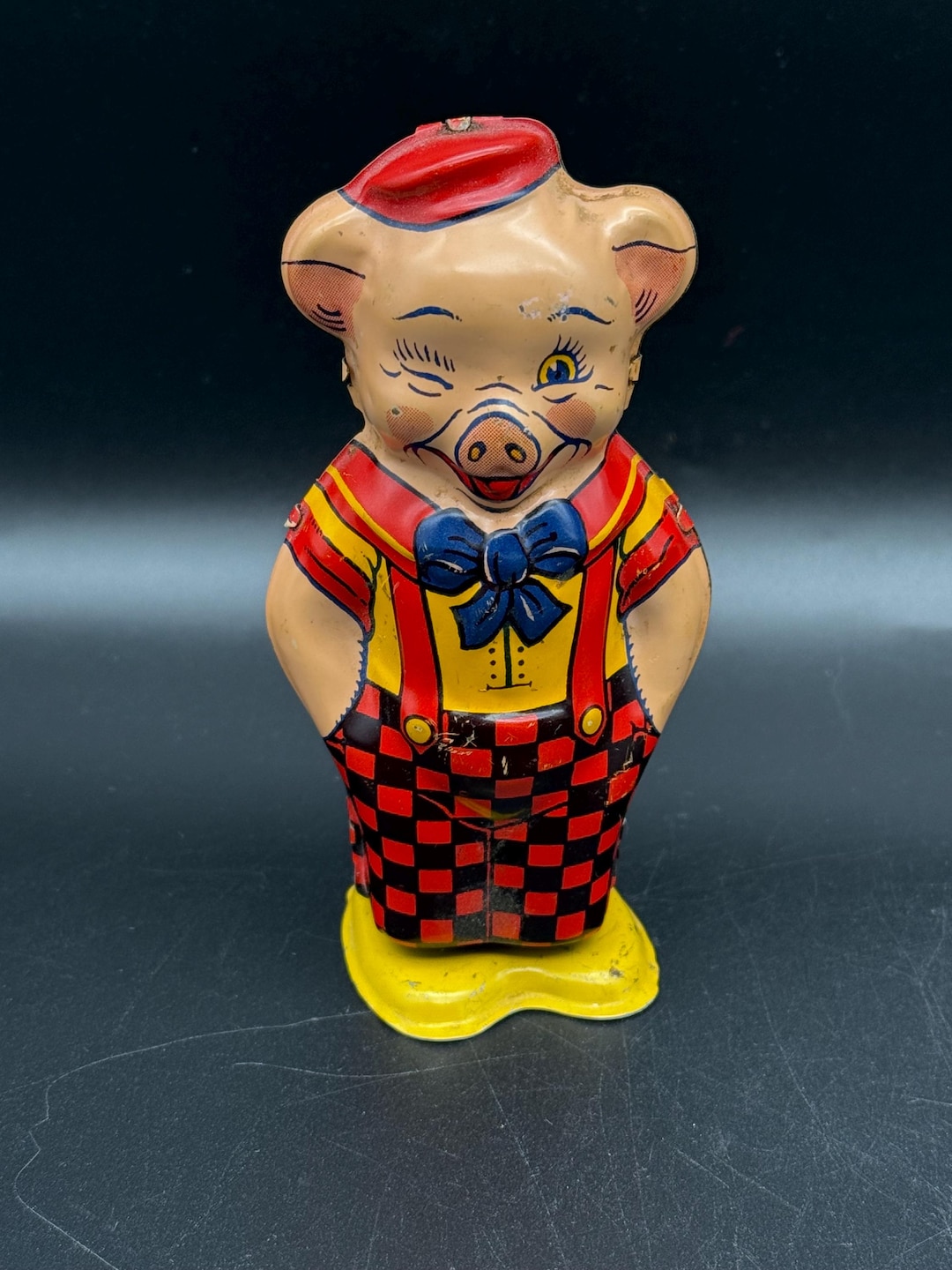 Vintage Wind-up Tin Pig by J. Chein - Works - Checkered Pants and Bow ...