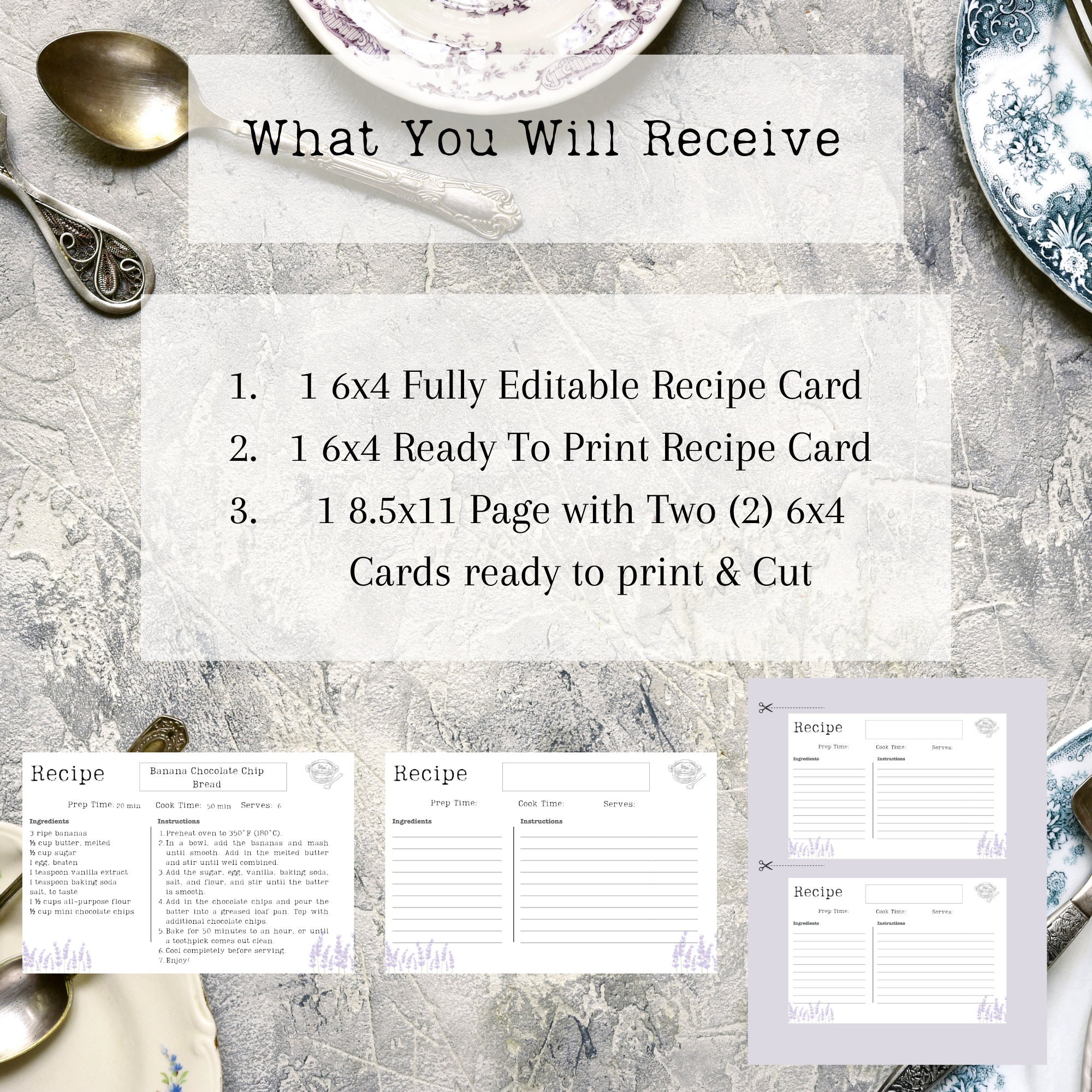 Fully Editable OR Printable Vintage Recipe Cards 6x4 Elegant Recipe ...