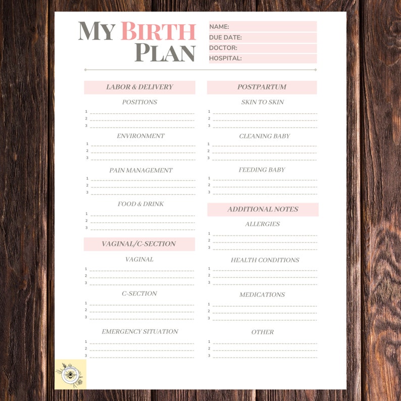 Birth Plan Template | Printable Birthing Plan | Labor & Delivery ...