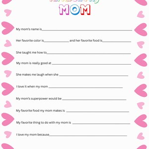 All About My Mom | 2 Frames | Mother’s Day Fill-in-the-blank Printable ...