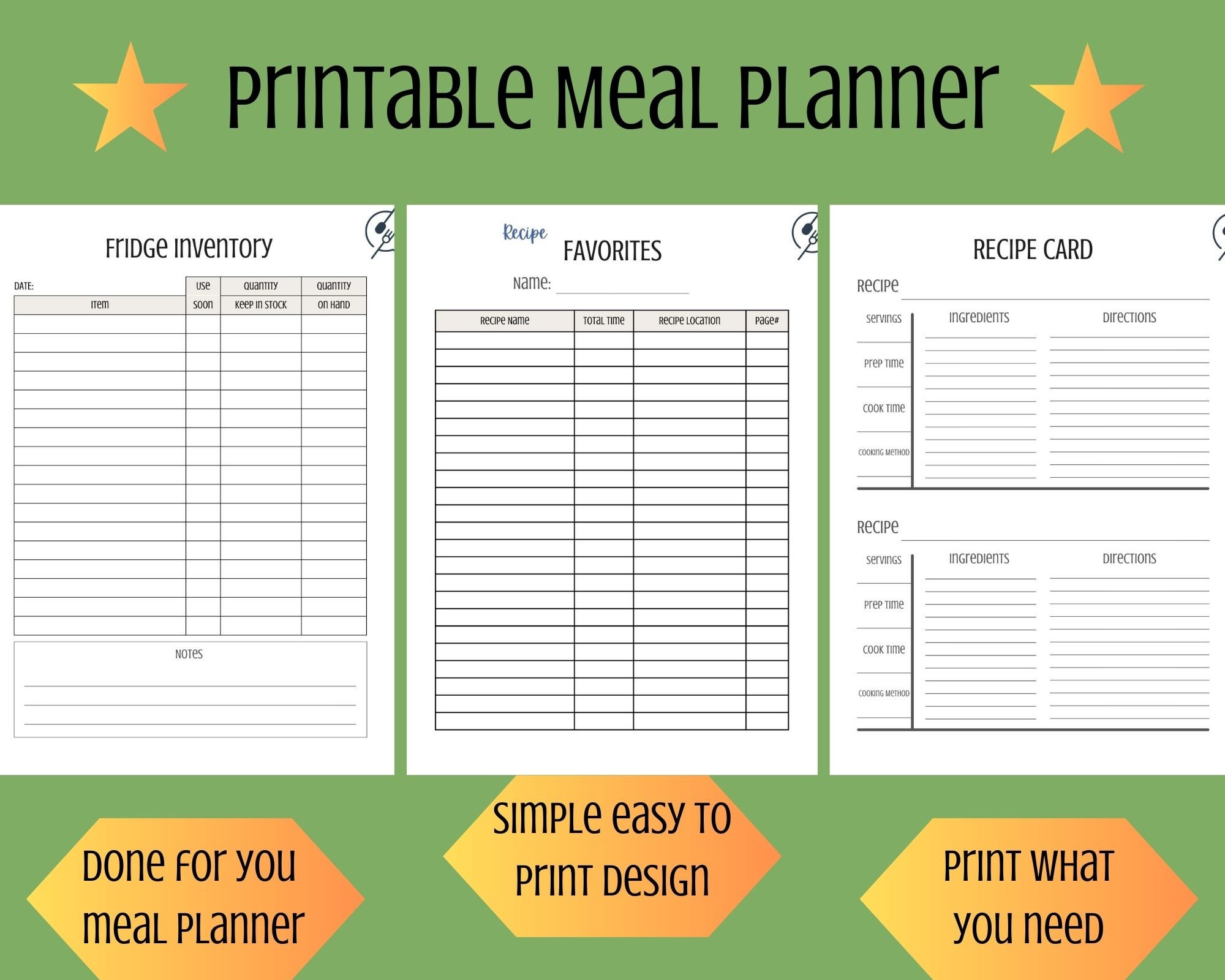 Printable Meal Planner & Recipe Notes - Meal Planning Organizer - Etsy