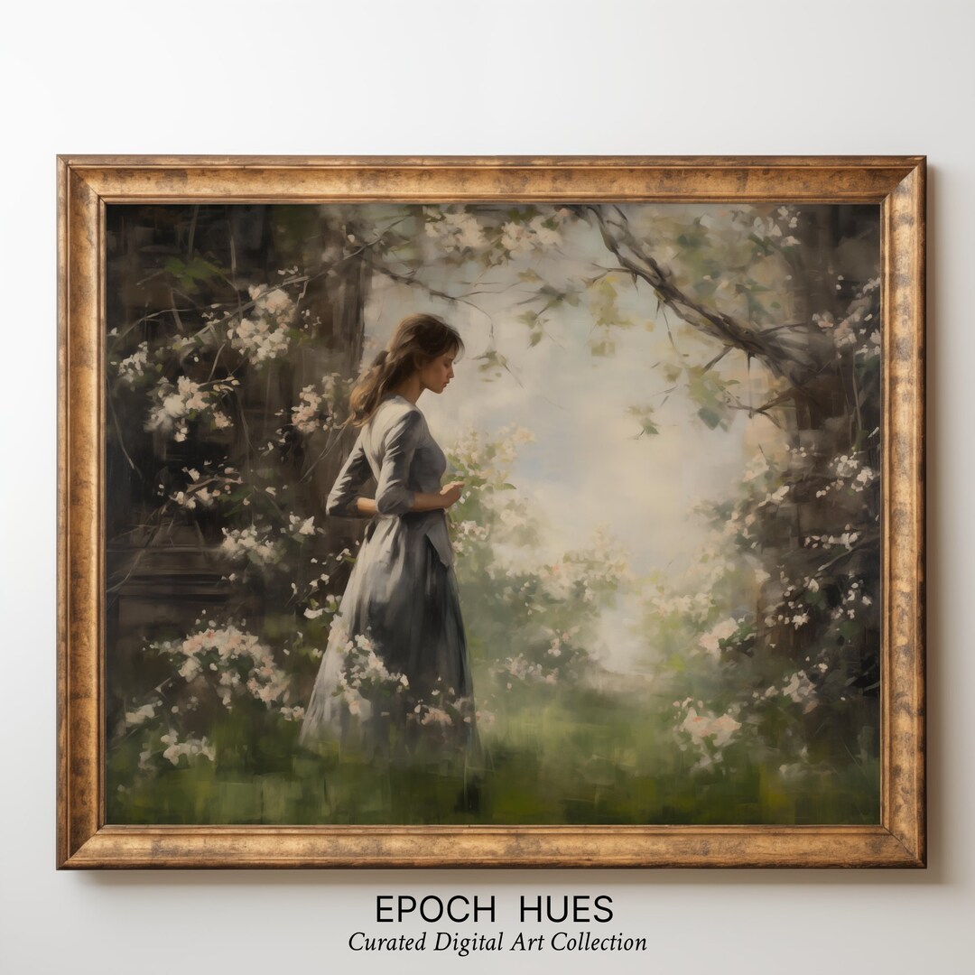 Vintage Style Digital Art Print, Woman in Garden, Rustic Home Decor ...