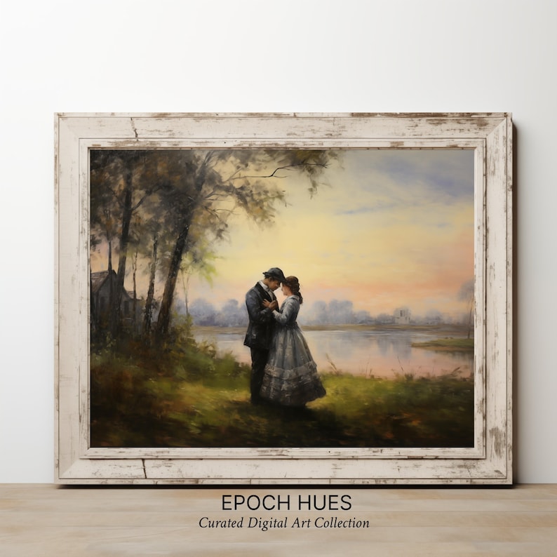 Romantic Victorian Couple Digital Art, Vintage Sunset Lake Landscape ...