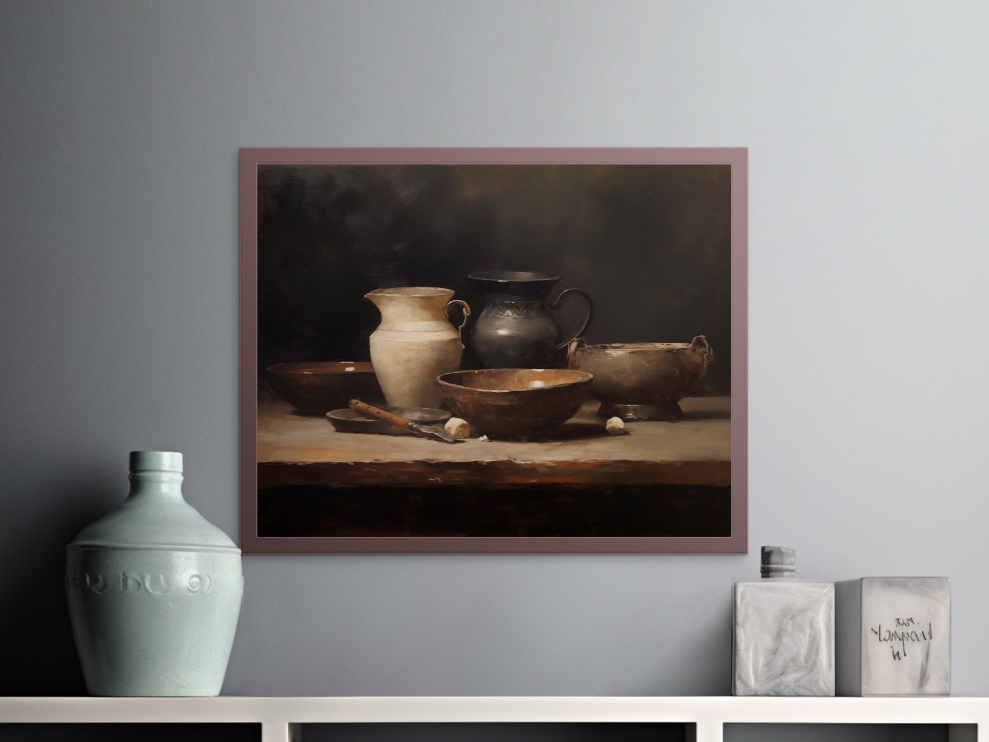 Classic Still Life Digital Painting, Vintage Kitchenware Art, Rustic ...