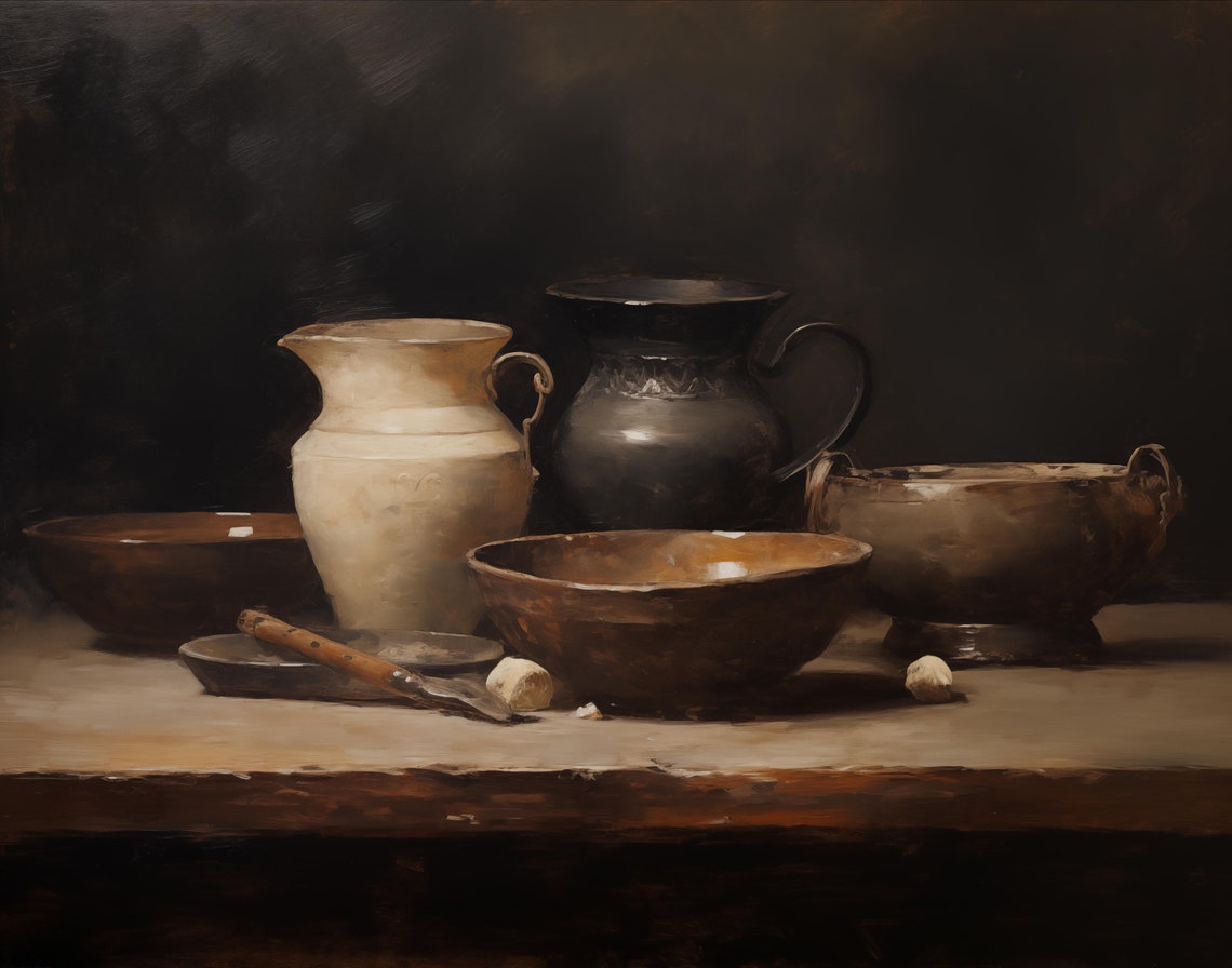 Classic Still Life Digital Painting, Vintage Kitchenware Art, Rustic ...