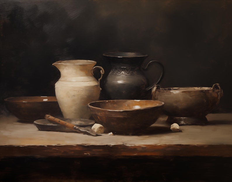 Classic Still Life Digital Painting, Vintage Kitchenware Art, Rustic ...