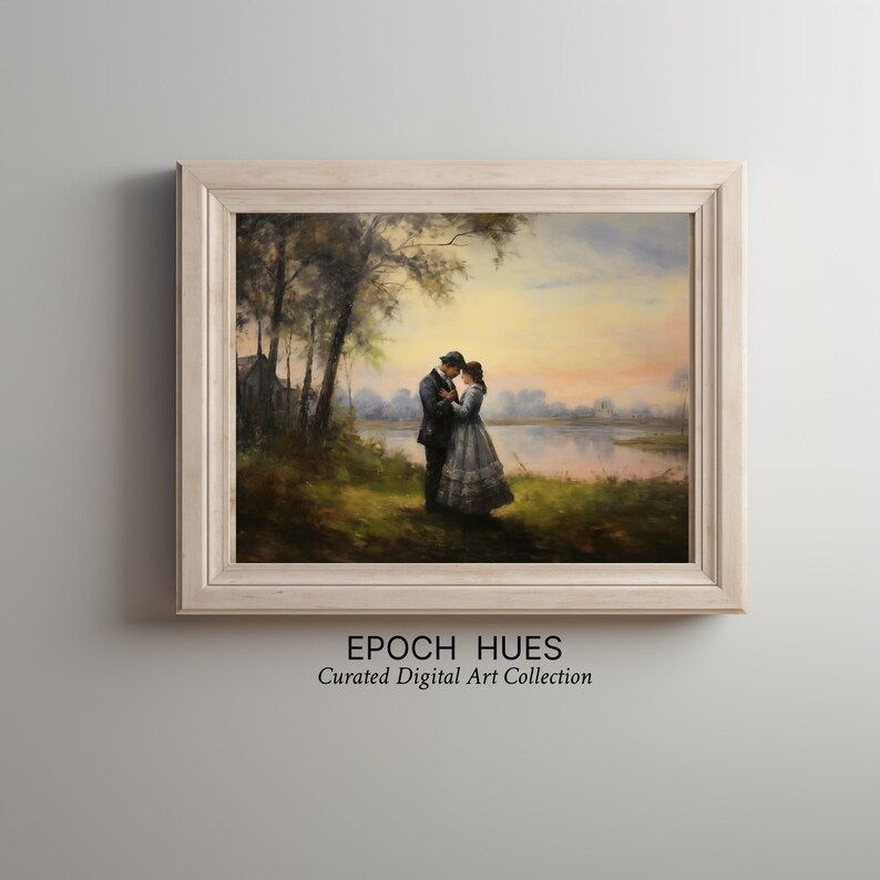 Romantic Victorian Couple Digital Art, Vintage Sunset Lake Landscape ...