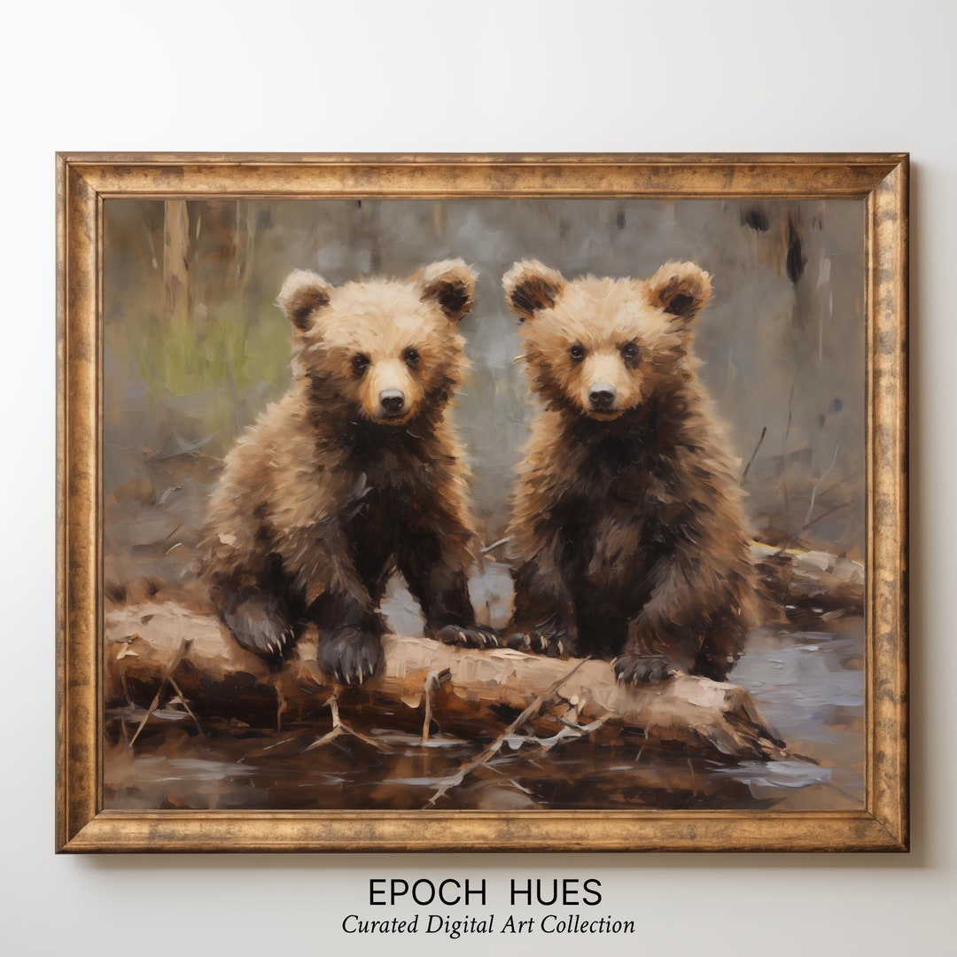 Adorable Twin Bear Cubs Digital Art, Rustic Wildlife Home Decor ...