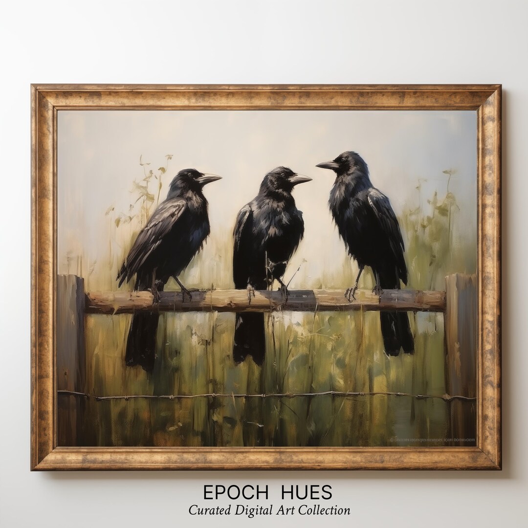 Three Crows on Fence Digital Art, Rustic Bird Wall Decor, Nature ...