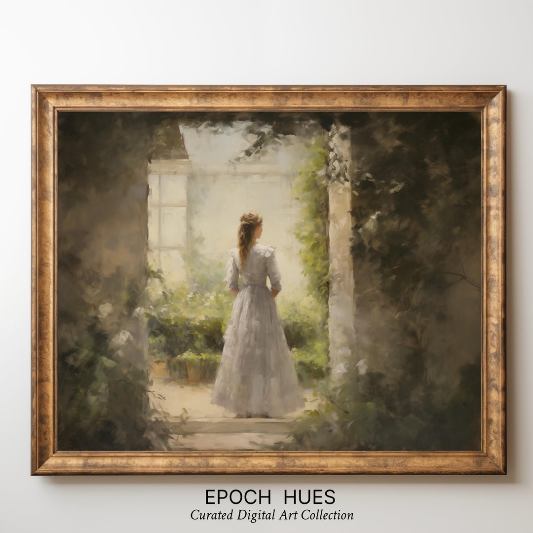 Vintage Style Digital Painting of Woman in Garden, Printable Romantic ...