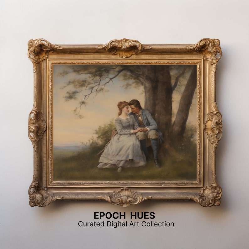 Romantic Vintage Digital Painting, Couple in Love Under Tree, Classic ...