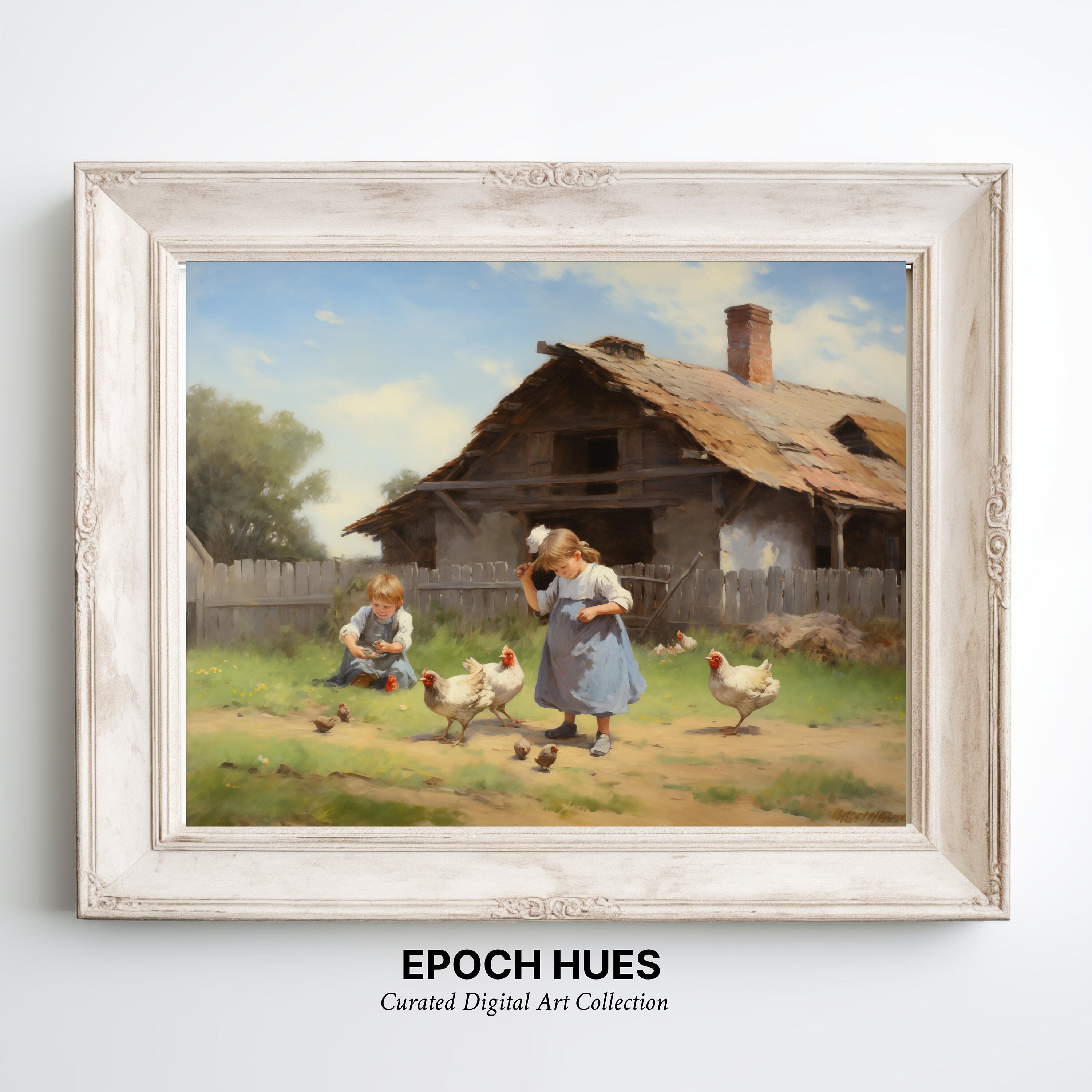 Rustic Farmhouse Digital Art, Children Playing With Chickens, Vintage ...