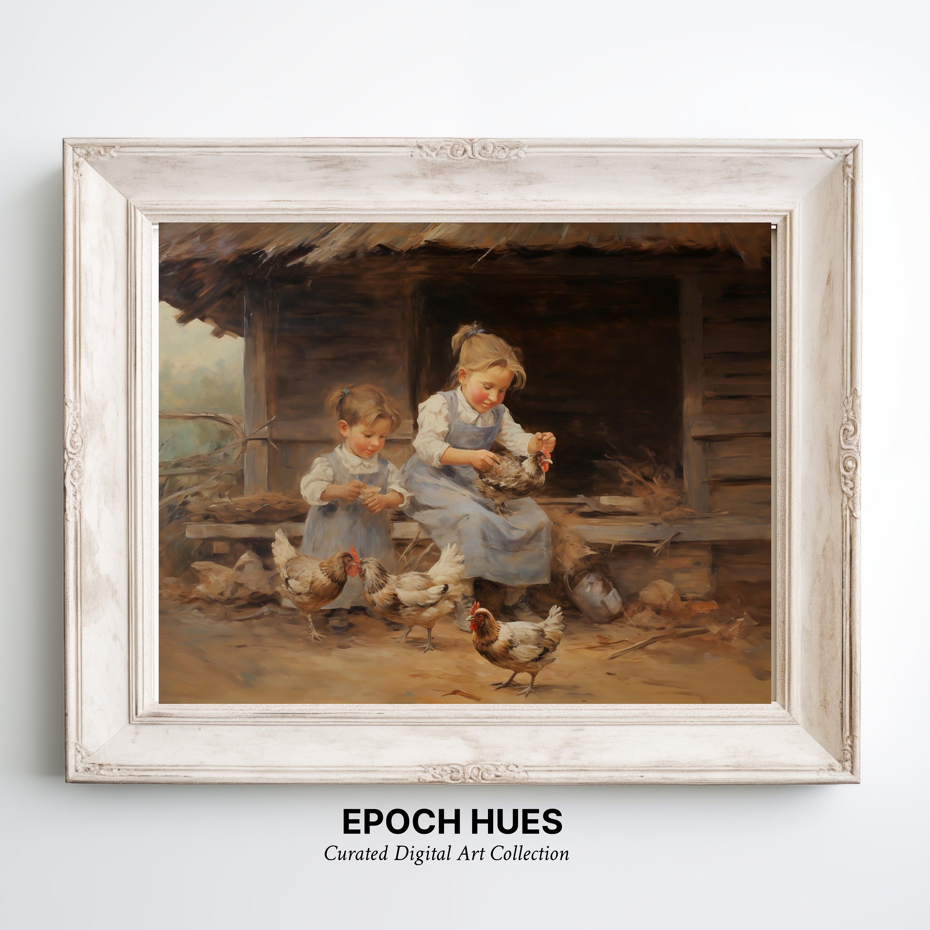 Vintage Digital Art, Rustic Farmhouse Decor, Girls With Chickens ...