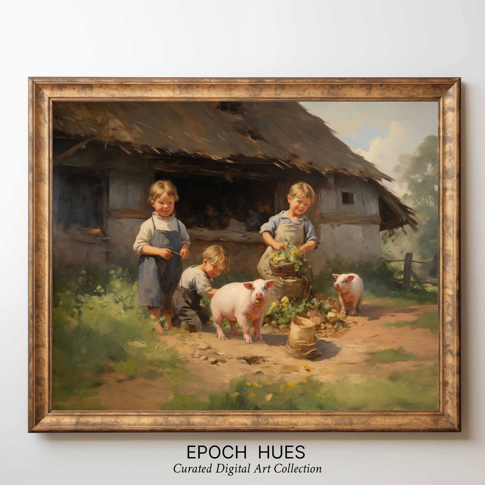 Vintage Farm Scene Print, Kids With Pigs Art, Rural Life Wall Art ...