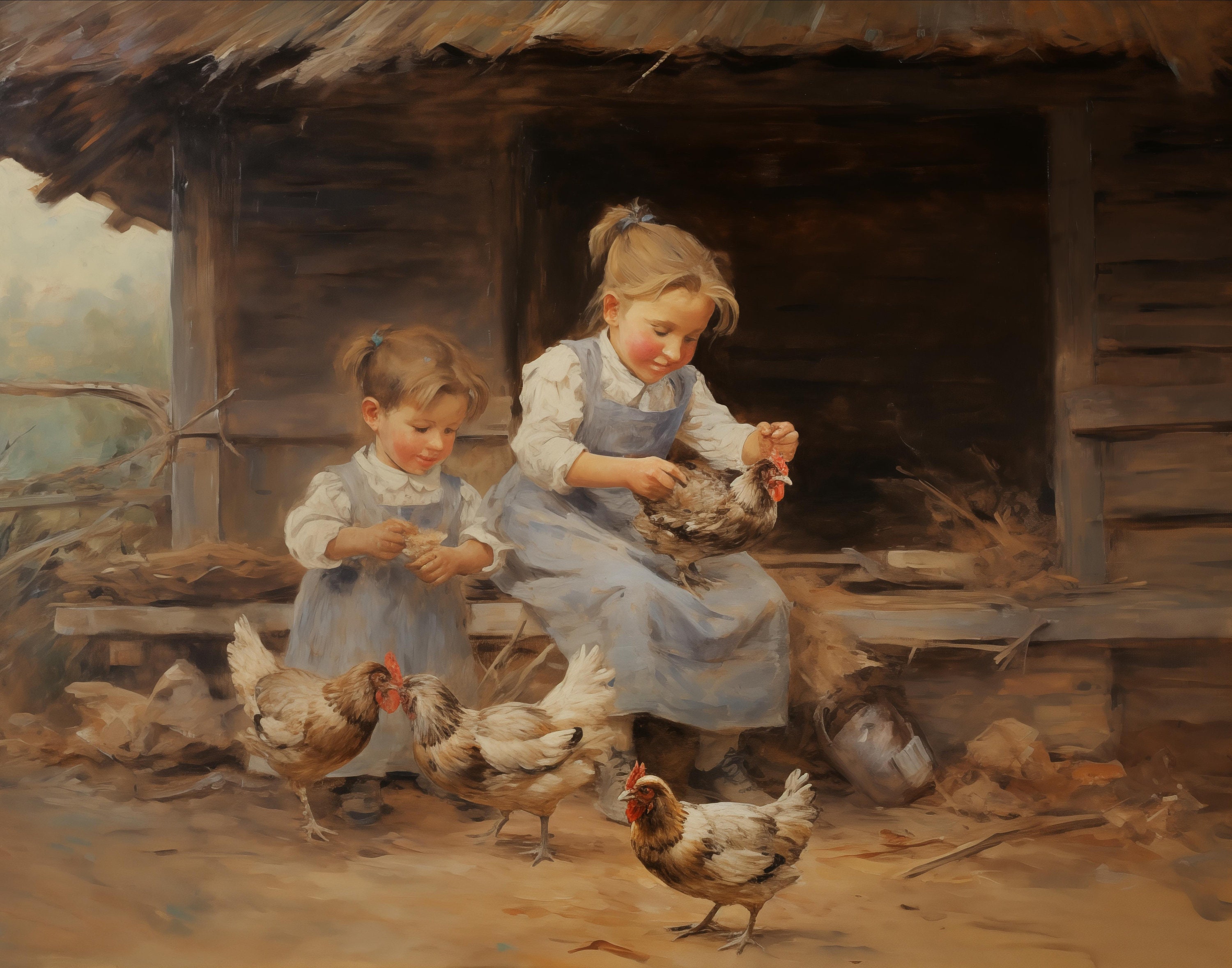 Vintage Digital Art, Rustic Farmhouse Decor, Girls With Chickens ...