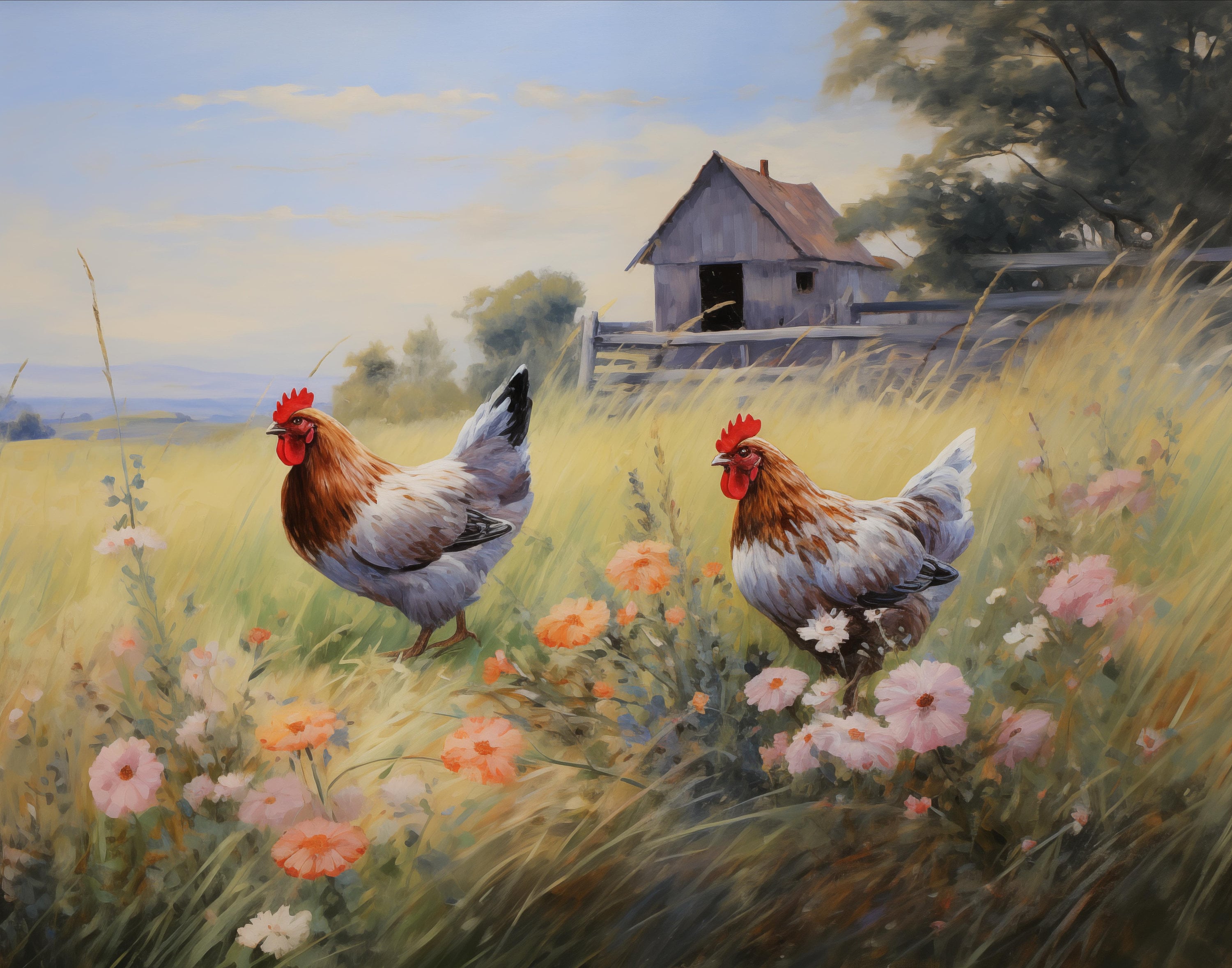 Rustic Chicken Farmhouse Art, Digital Print, Countryside Barn and ...