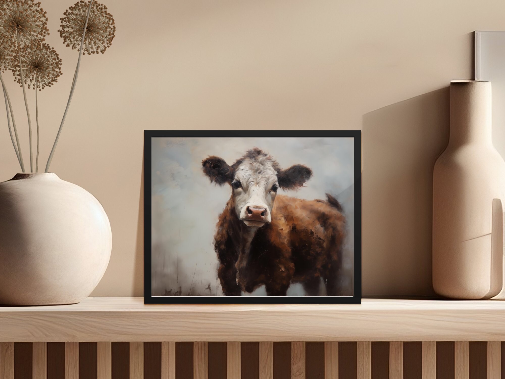 Rustic Cow Art Print, Farmhouse Decor Digital Download, Brown and White ...