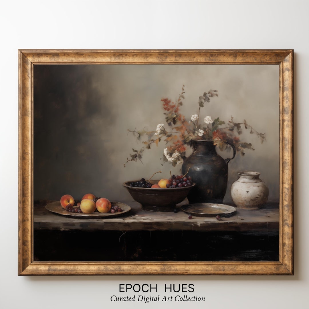 Classic Still Life Digital Painting, Vintage Fruit and Floral Artwork ...