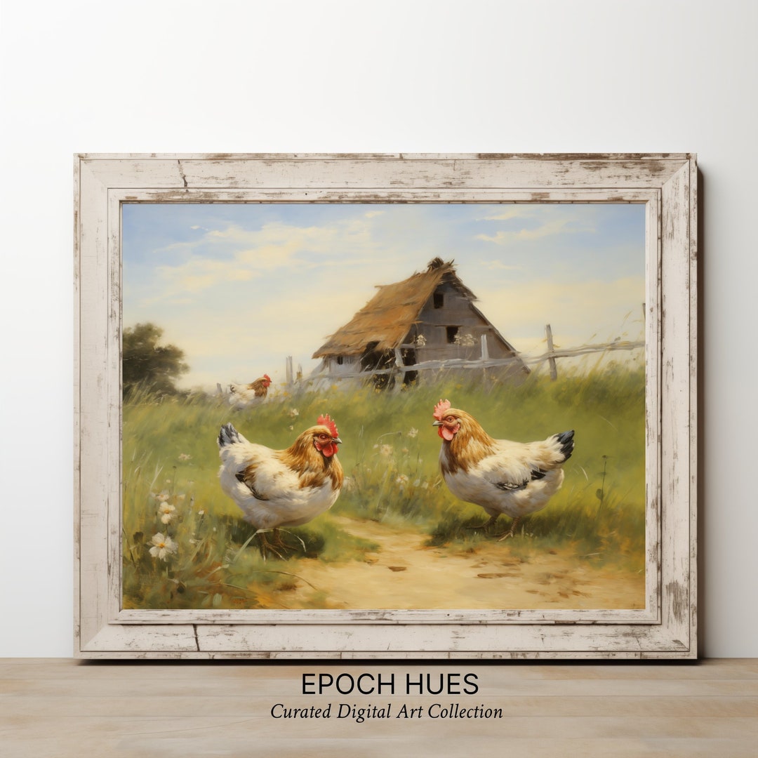 Rustic Chicken Farmhouse Digital Painting, Countryside Barn Art ...