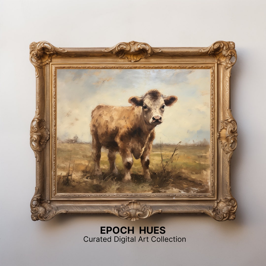 Rustic Farmhouse Calf Art Print, Vintage Style Cow Painting Download ...