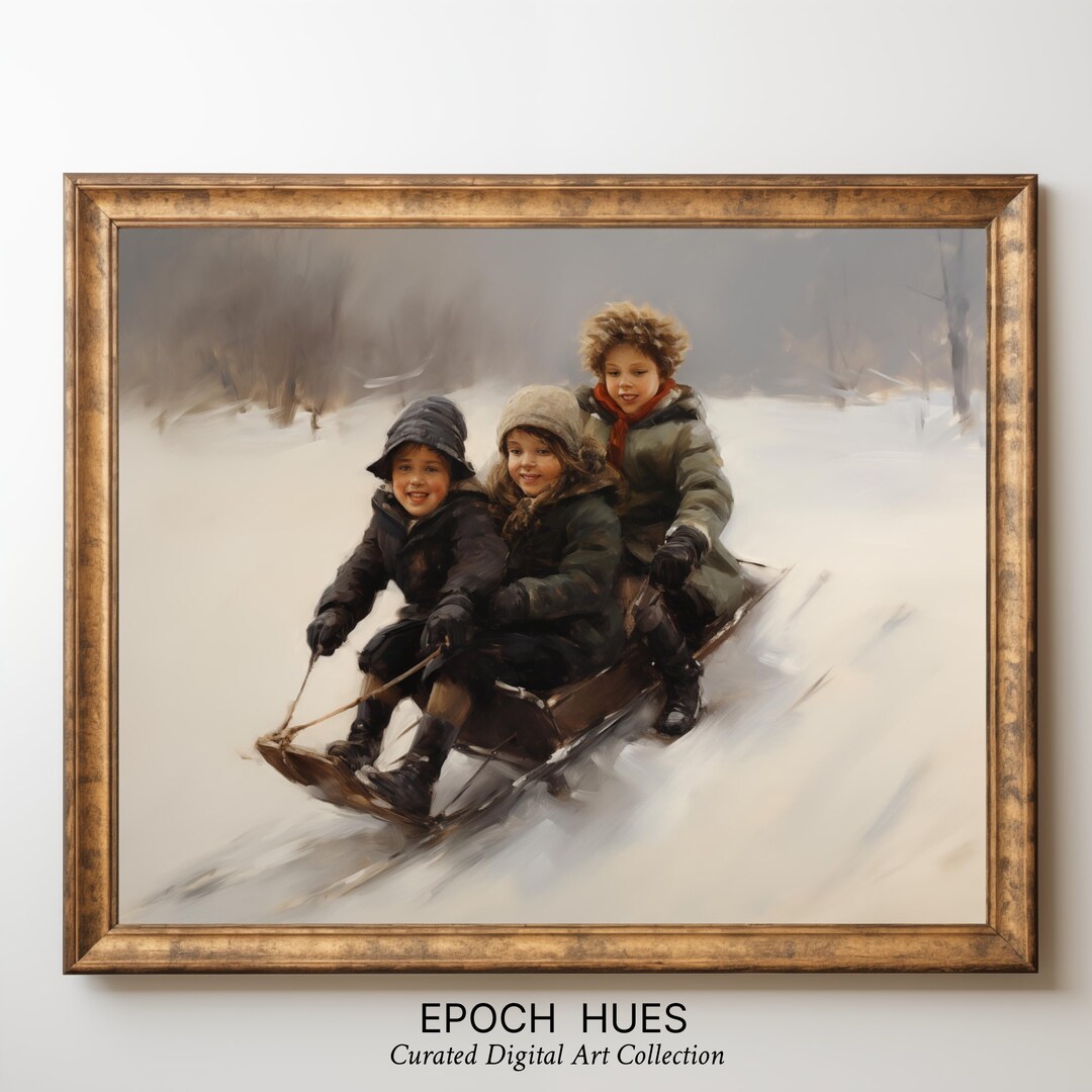 Winter Sled Adventure Kids Art, Printable Wall Decor, Vintage Style ...