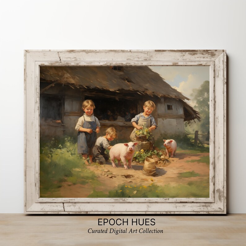 Vintage Farm Scene Print, Kids With Pigs Art, Rural Life Wall Art ...