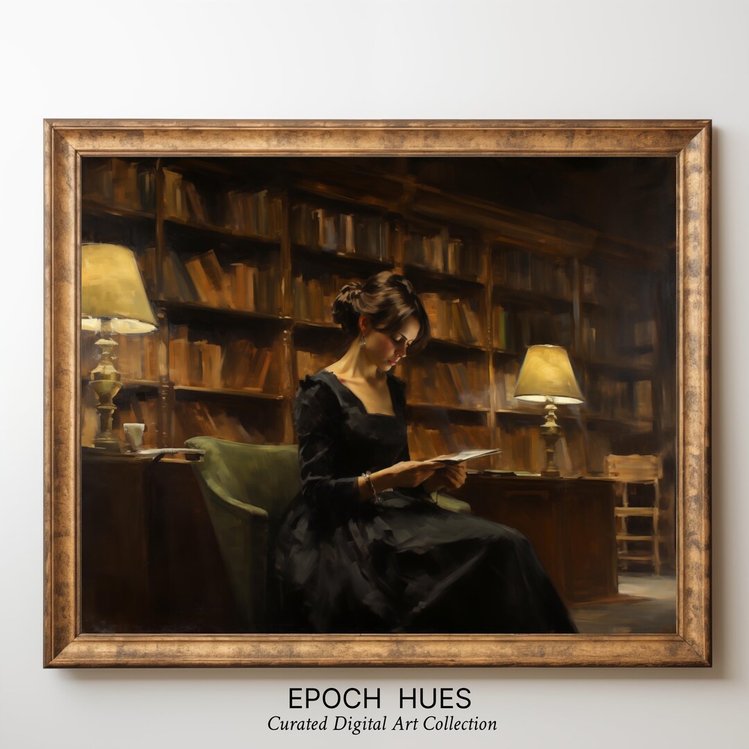 Vintage Style Reading Woman Digital Artwork, Classic Library Home Decor ...
