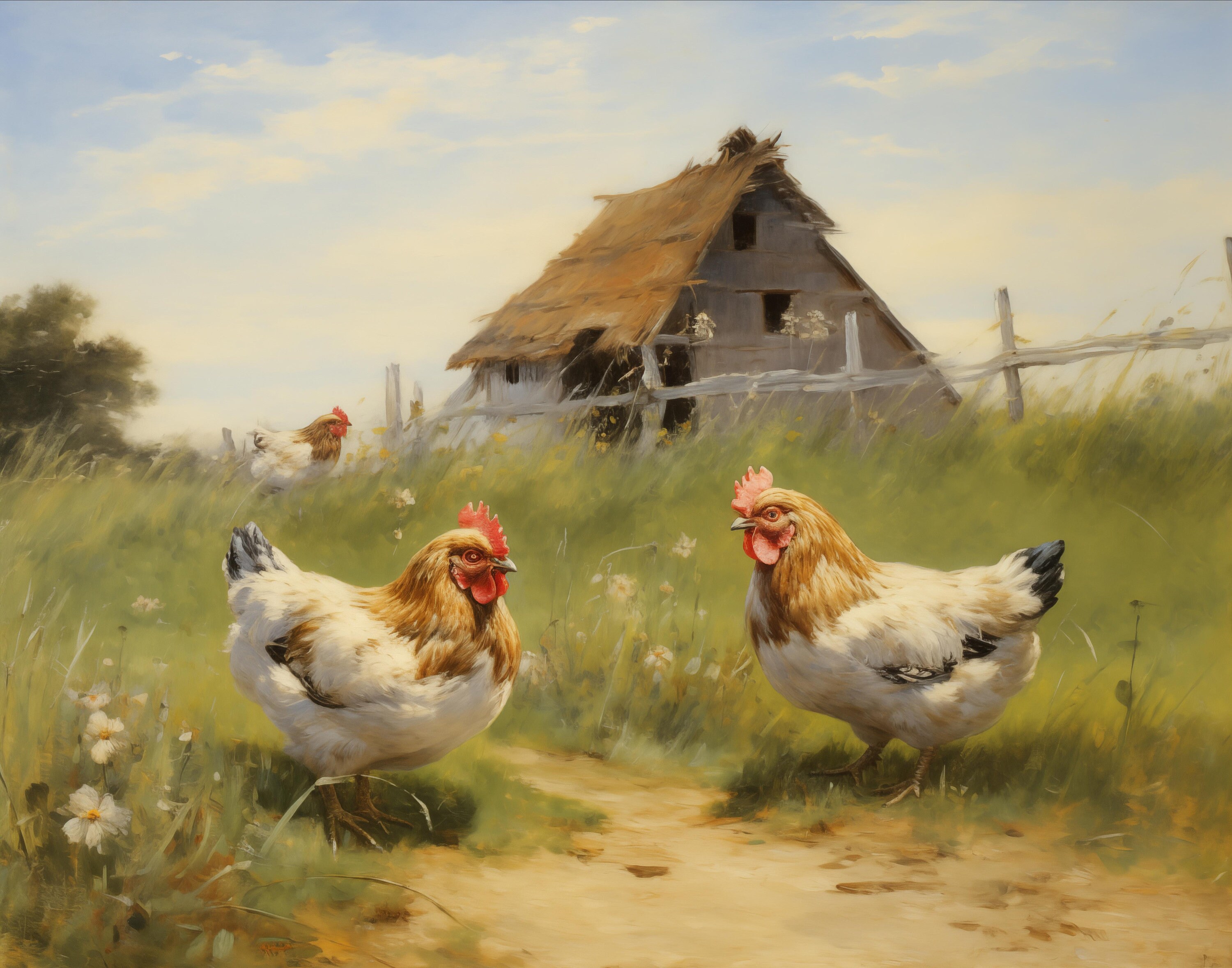 Rustic Chicken Farmhouse Digital Painting, Countryside Barn Art ...