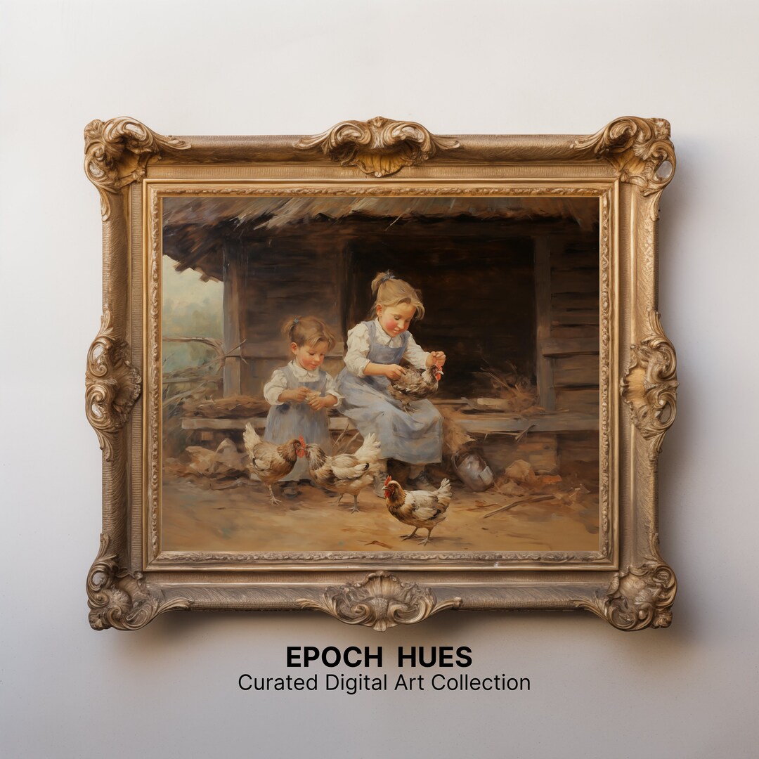 Vintage Digital Art, Rustic Farmhouse Decor, Girls With Chickens ...